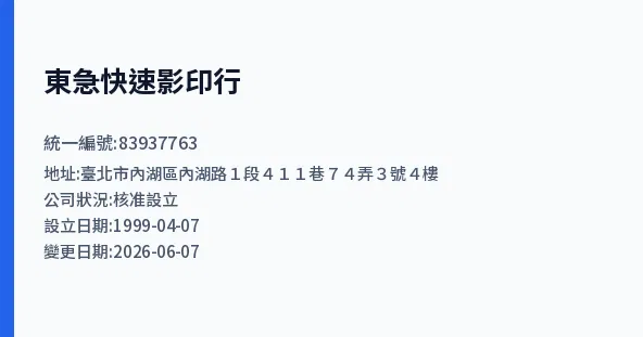 東急快速影印行的照片-統編 83937763(臺北市) 公司登記資料與營業項目詳細圖表