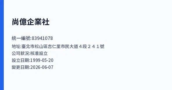 尚億企業社的照片-統編 83941078(臺北市) 公司登記資料與營業項目詳細圖表