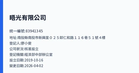 晤光有限公司的照片-統編 83941345(南投縣) 公司登記資料與營業項目詳細圖表