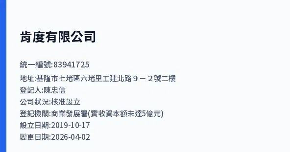 肯度有限公司的照片-統編 83941725(基隆市) 公司登記資料與營業項目詳細圖表