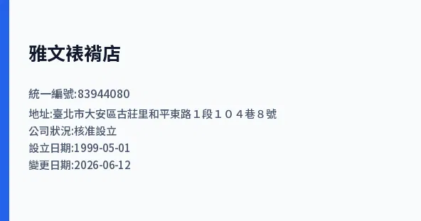 雅文裱褙店的照片-統編 83944080(臺北市) 公司登記資料與營業項目詳細圖表