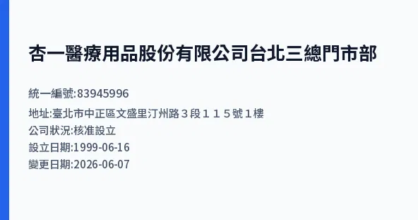 杏一醫療用品股份有限公司台北三總門市部的照片-統編 83945996(臺北市) 公司登記資料與營業項目詳細圖表
