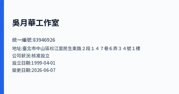 吳月華工作室的照片-統編 83946926(臺北市) 公司登記資料與營業項目詳細圖表