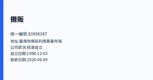 攤販的照片-統編 83958387(臺南市) 公司登記資料與營業項目詳細圖表