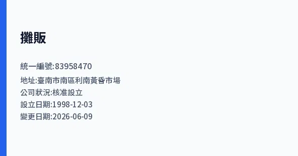 攤販的照片-統編 83958470(臺南市) 公司登記資料與營業項目詳細圖表