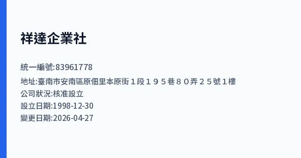 祥達企業社的照片-統編 83961778(臺南市) 公司登記資料與營業項目詳細圖表