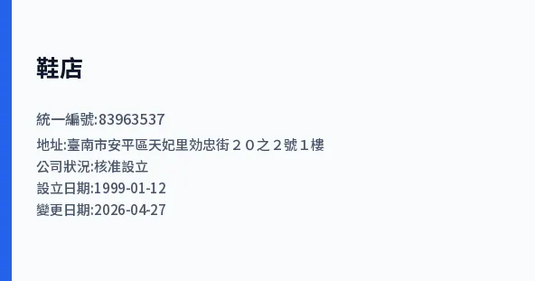 鞋店的照片-統編 83963537(臺南市) 公司登記資料與營業項目詳細圖表