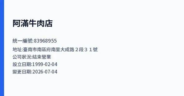 阿滿牛肉店的照片-統編 83968955(臺南市) 公司登記資料與營業項目詳細圖表