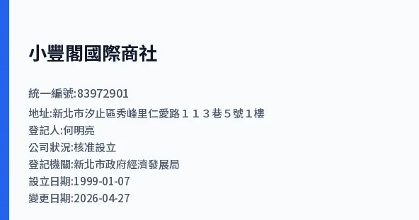 小豐閣國際商社的照片-統編 83972901(新北市) 公司登記資料與營業項目詳細圖表