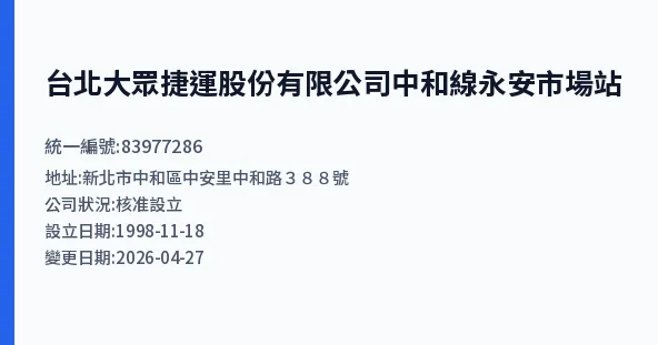 台北大眾捷運股份有限公司中和線永安市場站的照片-統編 83977286(新北市) 公司登記資料與營業項目詳細圖表