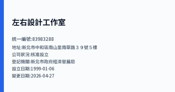 左右設計工作室的照片-統編 83983288(新北市) 公司登記資料與營業項目詳細圖表