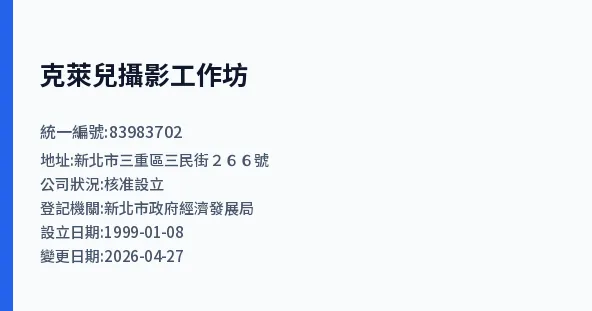 克萊兒攝影工作坊的照片-統編 83983702(新北市) 公司登記資料與營業項目詳細圖表