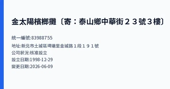 金太陽檳榔攤〔寄:泰山鄉中華街23號3樓〕的照片-統編 83988755(新北市) 公司登記資料與營業項目詳細圖表