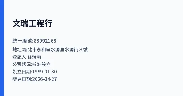 文瑞工程行的照片-統編 83992168(新北市) 公司登記資料與營業項目詳細圖表