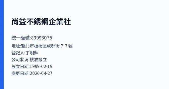尚益不銹鋼企業社的照片-統編 83993075(新北市) 公司登記資料與營業項目詳細圖表
