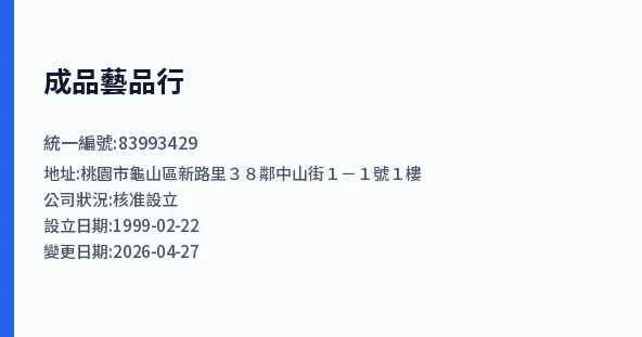 成品藝品行的照片-統編 83993429(桃園市) 公司登記資料與營業項目詳細圖表