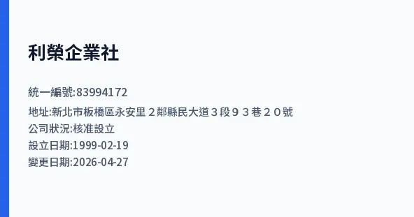 利榮企業社的照片-統編 83994172(新北市) 公司登記資料與營業項目詳細圖表