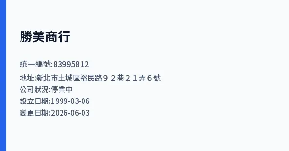 勝美商行的照片-統編 83995812(新北市) 公司登記資料與營業項目詳細圖表
