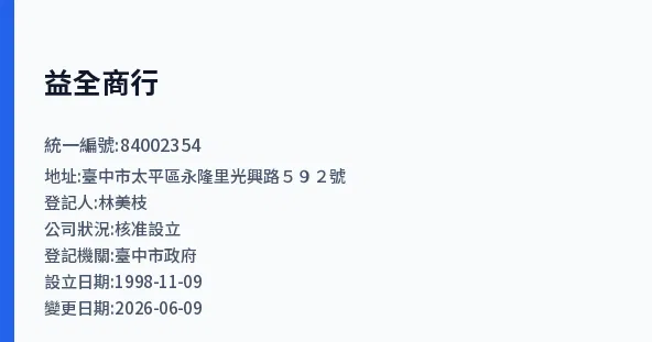 益全商行的照片-統編 84002354(臺中市) 公司登記資料與營業項目詳細圖表