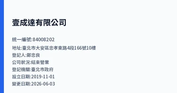 壹成達有限公司的照片-統編 84008202(臺北市) 公司登記資料與營業項目詳細圖表