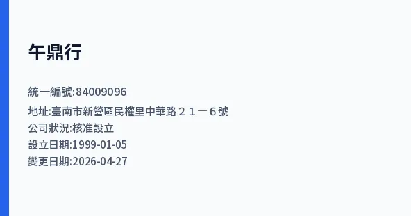 午鼎行的照片-統編 84009096(臺南市) 公司登記資料與營業項目詳細圖表
