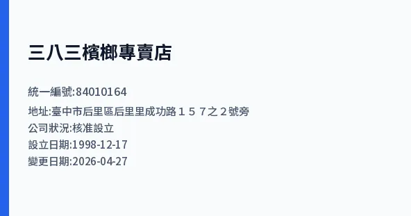 三八三檳榔專賣店的照片-統編 84010164(臺中市) 公司登記資料與營業項目詳細圖表