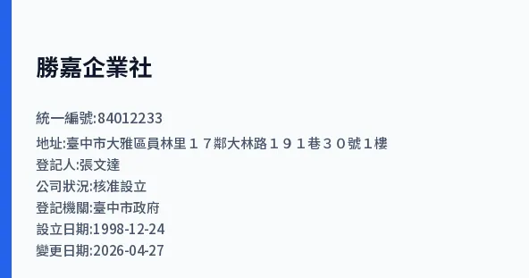 勝嘉企業社的照片-統編 84012233(臺中市) 公司登記資料與營業項目詳細圖表