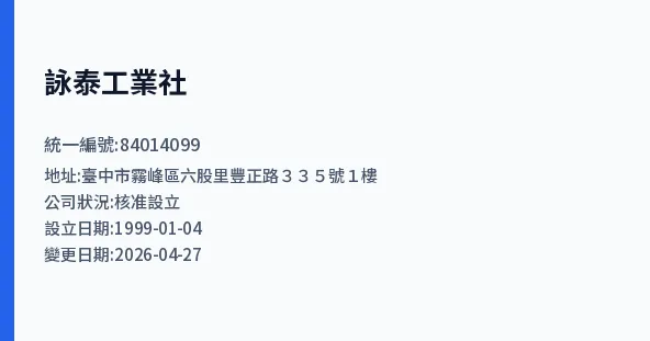 詠泰工業社的照片-統編 84014099(臺中市) 公司登記資料與營業項目詳細圖表