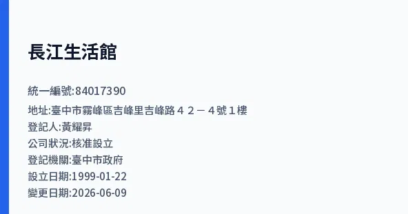 長江生活館的照片-統編 84017390(臺中市) 公司登記資料與營業項目詳細圖表