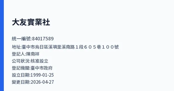 大友實業社的照片-統編 84017589(臺中市) 公司登記資料與營業項目詳細圖表