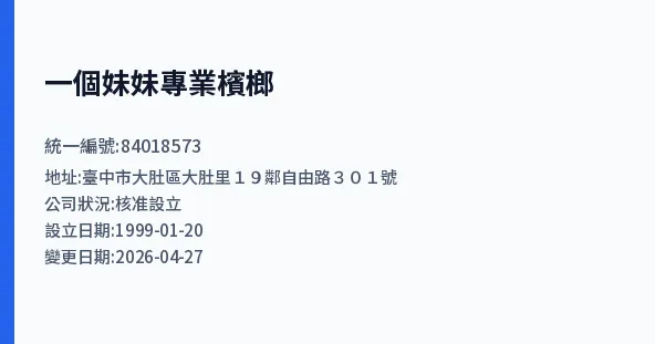 一個妹妹專業檳榔的照片-統編 84018573(臺中市) 公司登記資料與營業項目詳細圖表