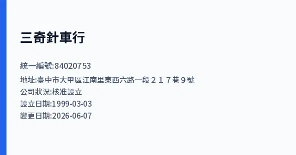 三奇針車行的照片-統編 84020753(臺中市) 公司登記資料與營業項目詳細圖表