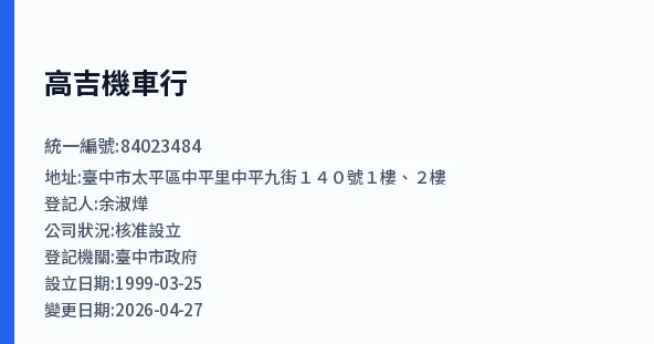 高吉機車行的照片-統編 84023484(臺中市) 公司登記資料與營業項目詳細圖表