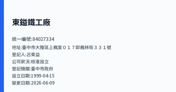 東鎰鐵工廠的照片-統編 84027334(臺中市) 公司登記資料與營業項目詳細圖表