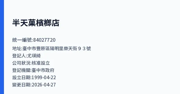 半天菓檳榔店的照片-統編 84027720(臺中市) 公司登記資料與營業項目詳細圖表