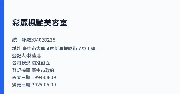 彩麗楓艷美容室的照片-統編 84028235(臺中市) 公司登記資料與營業項目詳細圖表