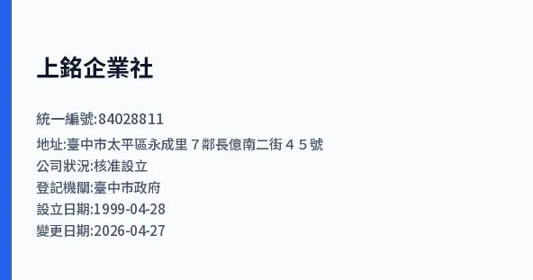 上銘企業社的照片-統編 84028811(臺中市) 公司登記資料與營業項目詳細圖表