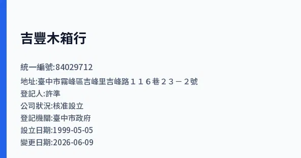 吉豐木箱行的照片-統編 84029712(臺中市) 公司登記資料與營業項目詳細圖表
