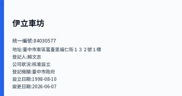 伊立車坊的照片-統編 84030577(臺中市) 公司登記資料與營業項目詳細圖表