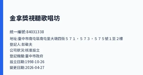 金拿獎視聽歌唱坊的照片-統編 84031338(臺中市) 公司登記資料與營業項目詳細圖表