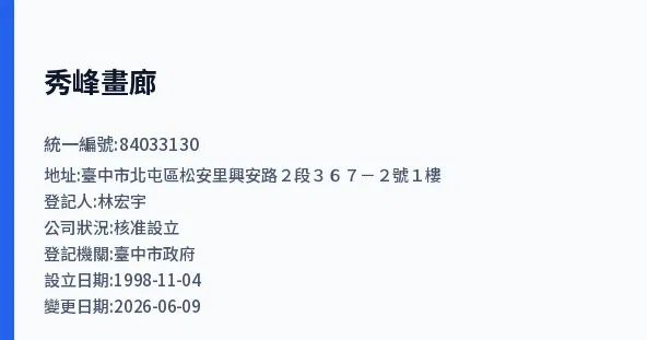 秀峰畫廊的照片-統編 84033130(臺中市) 公司登記資料與營業項目詳細圖表
