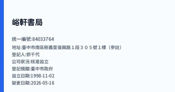 峪軒書局的照片-統編 84033764(臺中市) 公司登記資料與營業項目詳細圖表