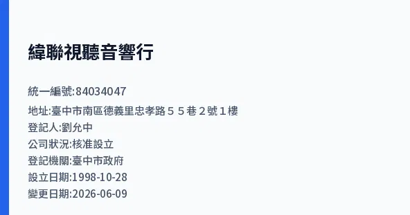 緯聯視聽音響行的照片-統編 84034047(臺中市) 公司登記資料與營業項目詳細圖表