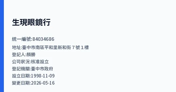 生現眼鏡行的照片-統編 84034686(臺中市) 公司登記資料與營業項目詳細圖表