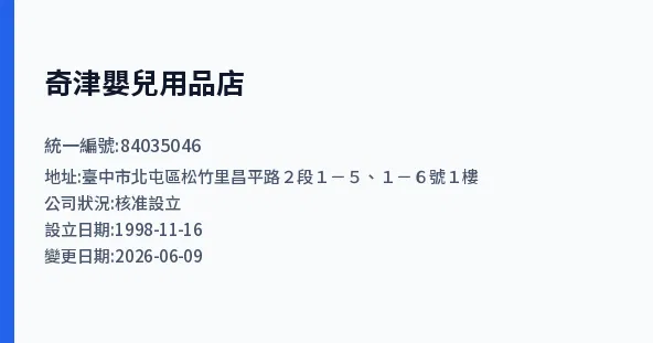 奇津嬰兒用品店的照片-統編 84035046(臺中市) 公司登記資料與營業項目詳細圖表