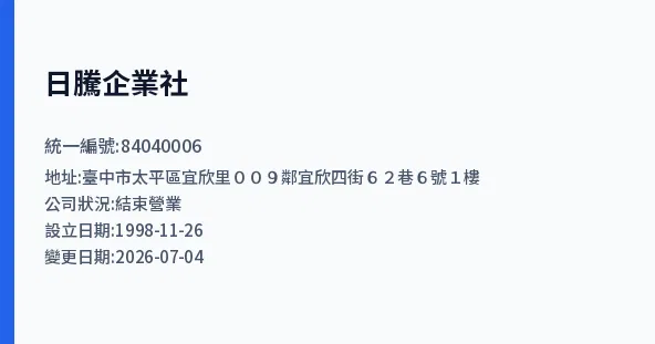 日騰企業社的照片-統編 84040006(臺中市) 公司登記資料與營業項目詳細圖表