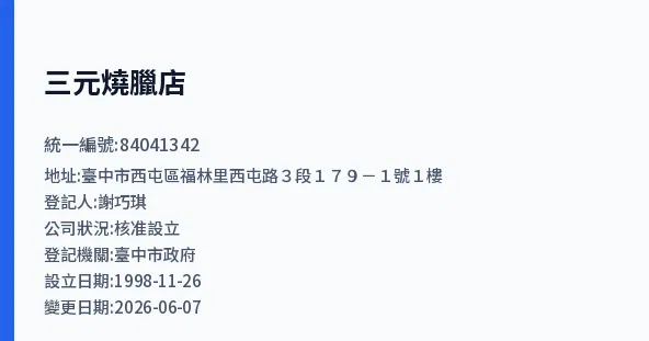 三元燒臘店的照片-統編 84041342(臺中市) 公司登記資料與營業項目詳細圖表