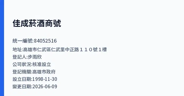 佳成菸酒商號的照片-統編 84052516(高雄市) 公司登記資料與營業項目詳細圖表