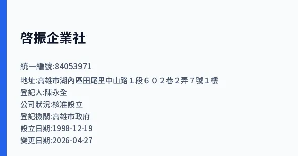 啓振企業社的照片-統編 84053971(高雄市) 公司登記資料與營業項目詳細圖表