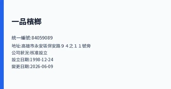 一品檳榔的照片-統編 84059089(高雄市) 公司登記資料與營業項目詳細圖表